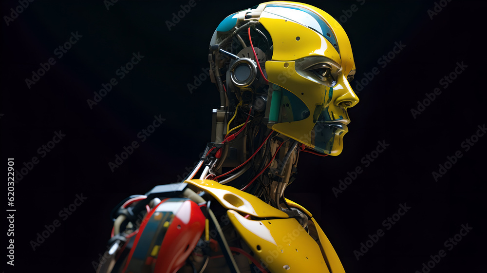Techno Elegance: A Realistic Robotic Man Bathed in Yellow, Red, Blue ...