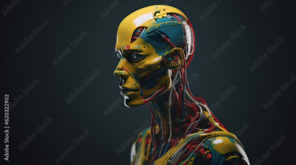 Techno Elegance: A Realistic Robotic Man Bathed in Yellow, Red, Blue ...