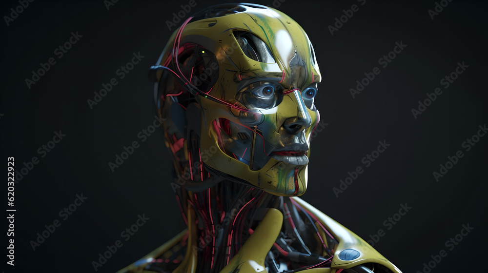 Techno Elegance: A Realistic Robotic Man Bathed in Yellow, Red, Blue ...