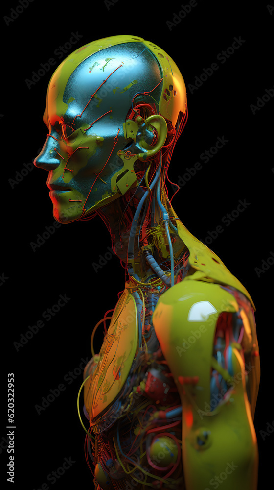 ภาพประกอบสต็อก Techno Elegance: A Realistic Robotic Man Bathed in ...