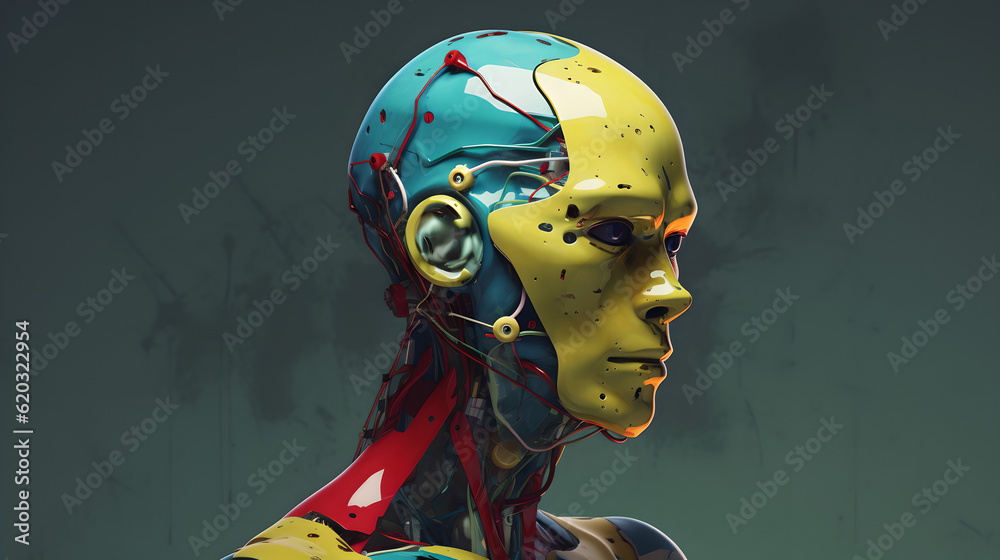 Techno Elegance: A Realistic Robotic Man Bathed in Yellow, Red, Blue ...