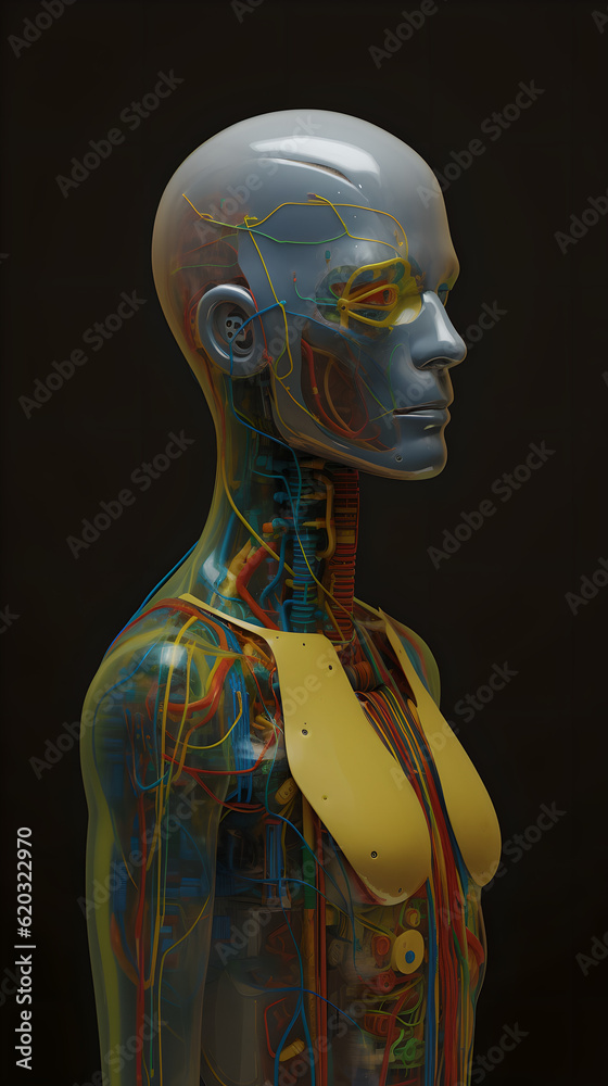Techno Elegance: A Realistic Robotic Man Bathed in Yellow, Red, Blue ...