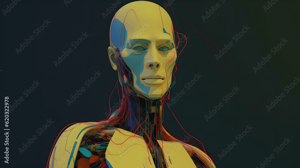 Techno Elegance: A Realistic Robotic Man Bathed in Yellow, Red, Blue ...