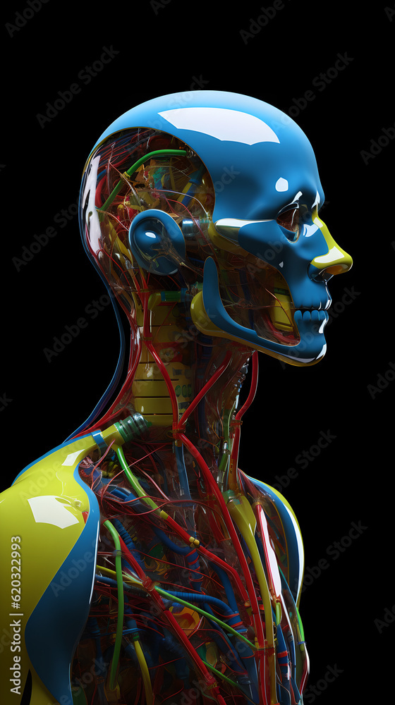 Techno Elegance: A Realistic Robotic Man Bathed in Yellow, Red, Blue ...