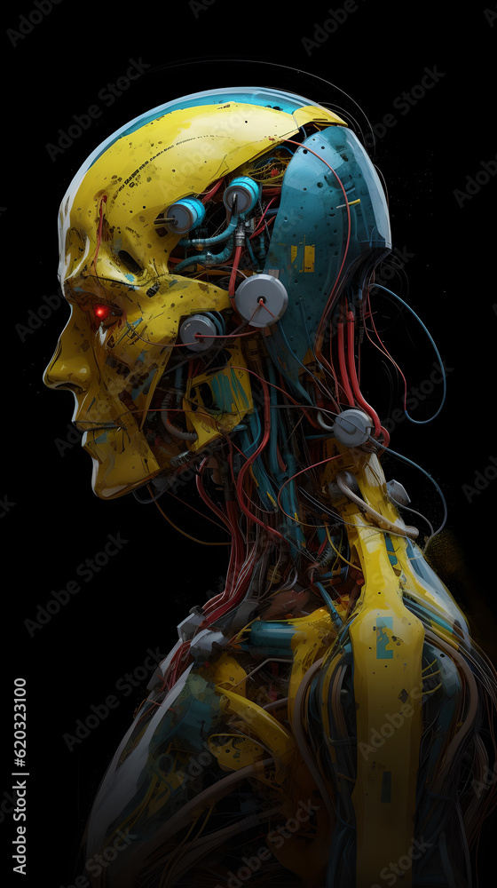 Techno Elegance: A Realistic Robotic Man Bathed in Yellow, Red, Blue ...