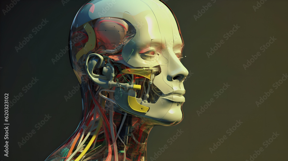 Techno Elegance: A Realistic Robotic Man Bathed in Yellow, Red, Blue ...