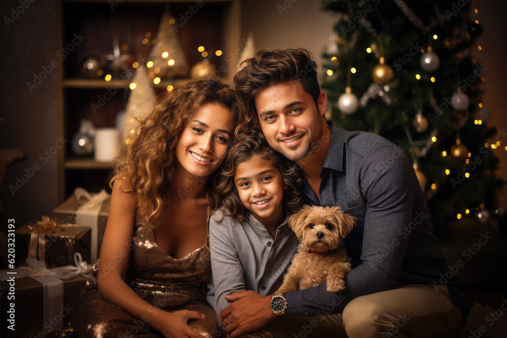 Latino family celebrating Christmas together at home, christmas tree ...