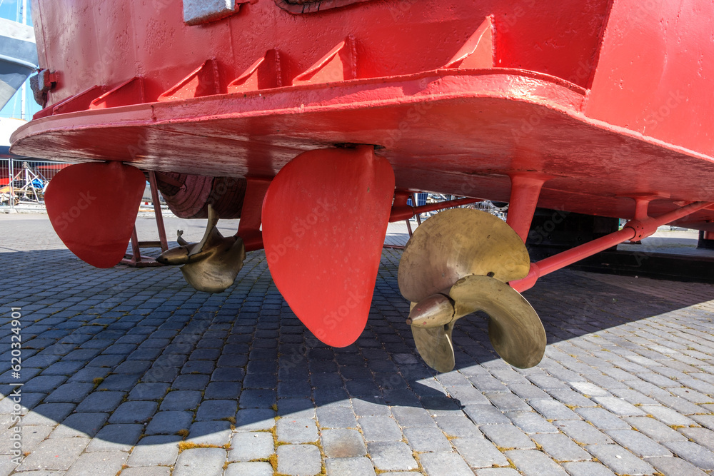 Propeller of a ship. Two propellers. The lower part of the ship's stern ...