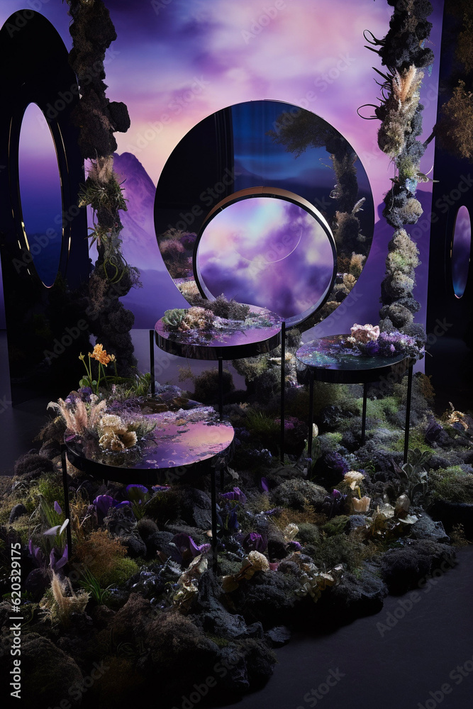 Abstract surreal infinite mirror vanity altar in nature with plants and ...