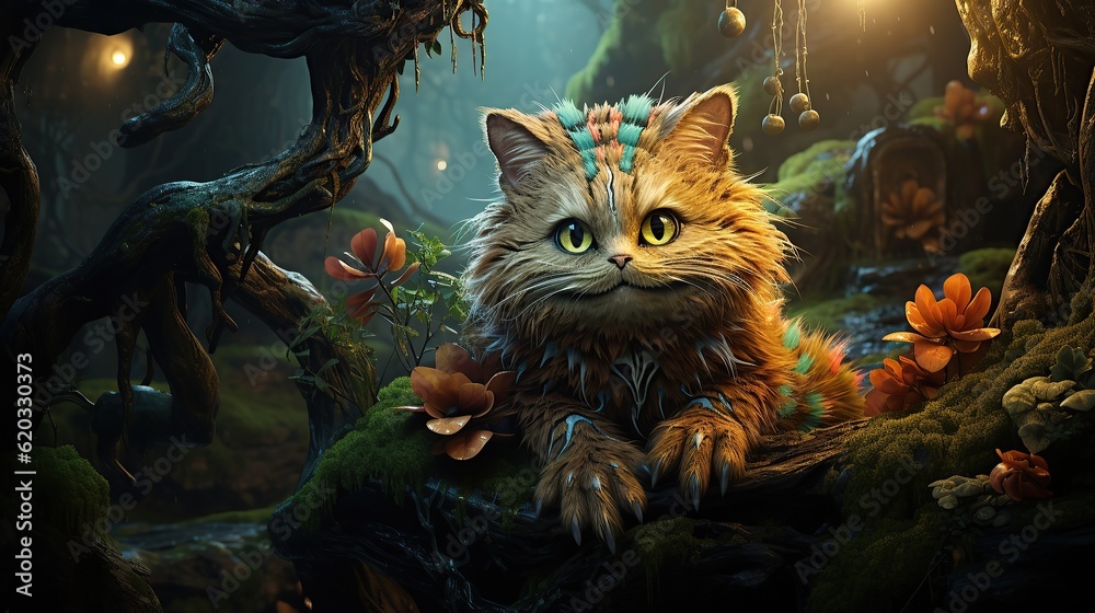 Cute monster cat on fantasy forest landscape AI, Generative AI ...