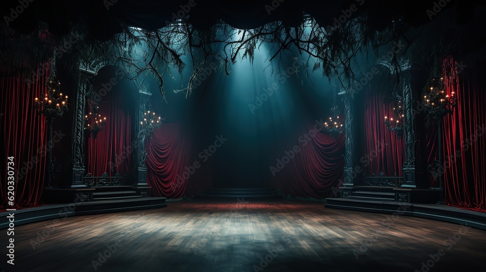 Dark theater stage with red curtains and spotlight AI, Generative AI ...