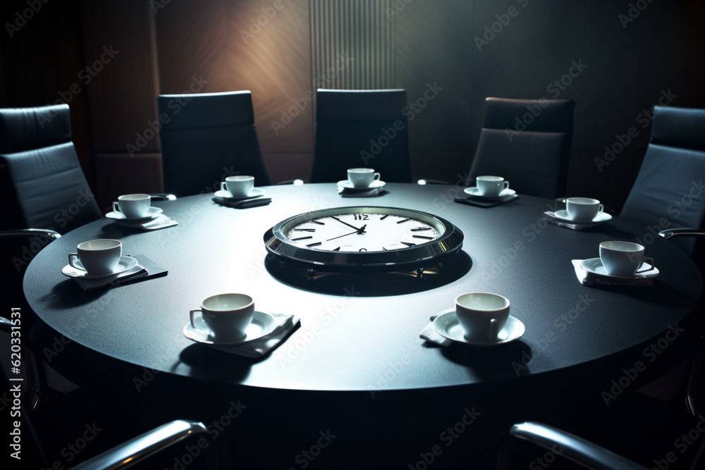 Time-conscious meeting setup, Round table with a prominent clock face ...