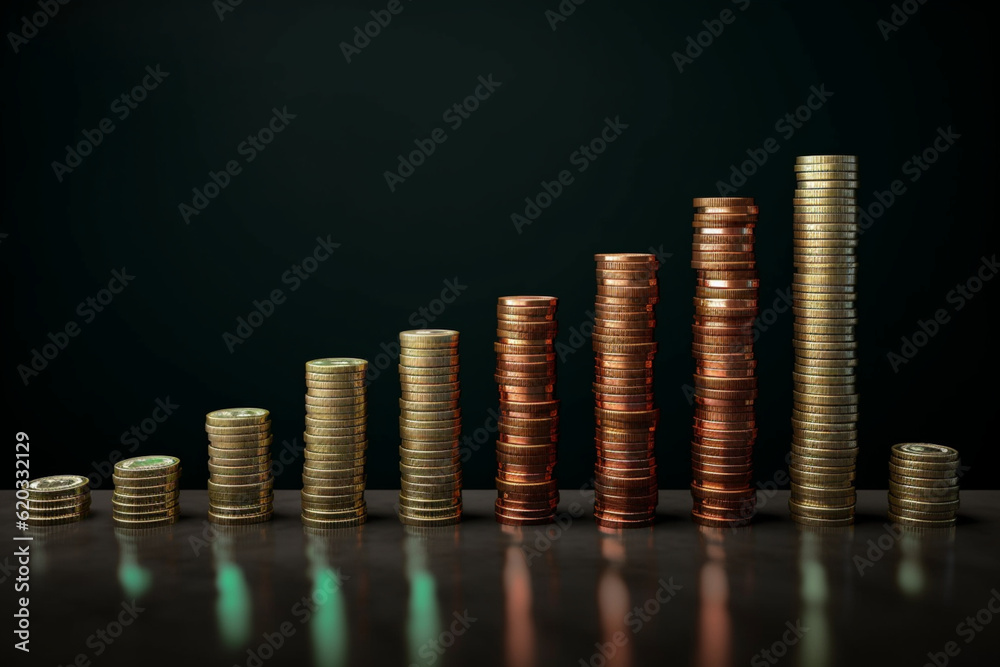 Banking system concept visualized with coins stack on percentage model ...