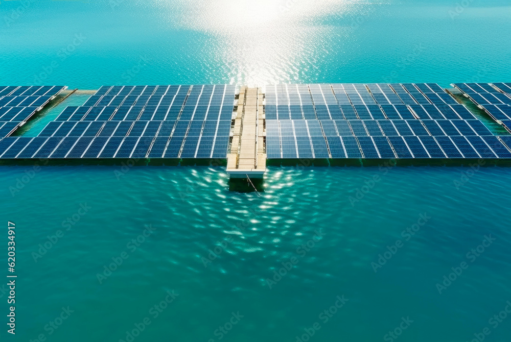 The large floating solar park farm. solar panels float in the water. The idea of cooperation ...