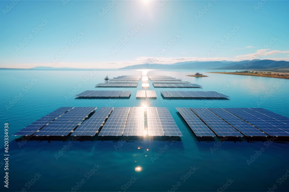 The large floating solar park farm. solar panels float in the water. Concept of alternative and ...