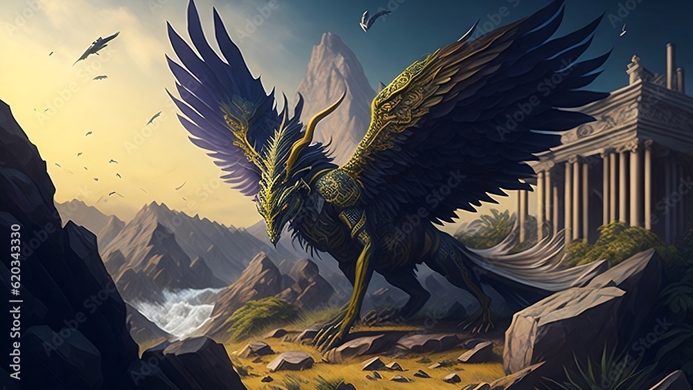 Mythical Creature Majestic Wings Mythical Landscape Golden Scales ...