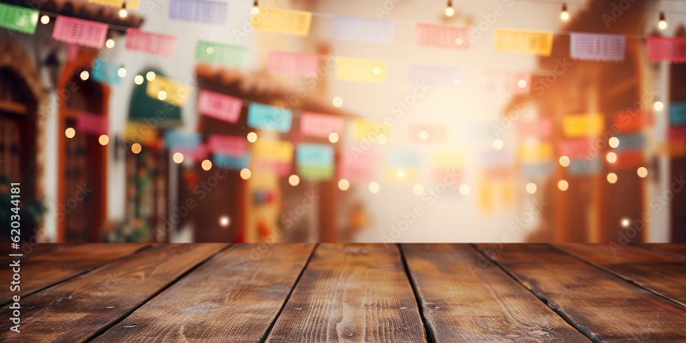 Empty table with Mexican fiesta background out of focus. Stock ...