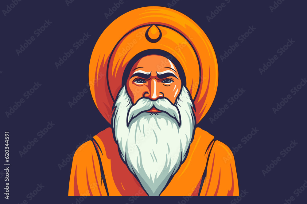 Hand-drawn cartoon Dhan Dhan Baba Nanak flat art Illustrations in ...