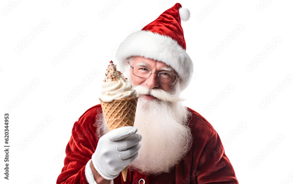 Santa holding a waffle cone topped with a scoop of ice cream ...