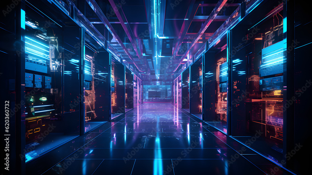 Data center with server racks, 3D concept illustration of information ...