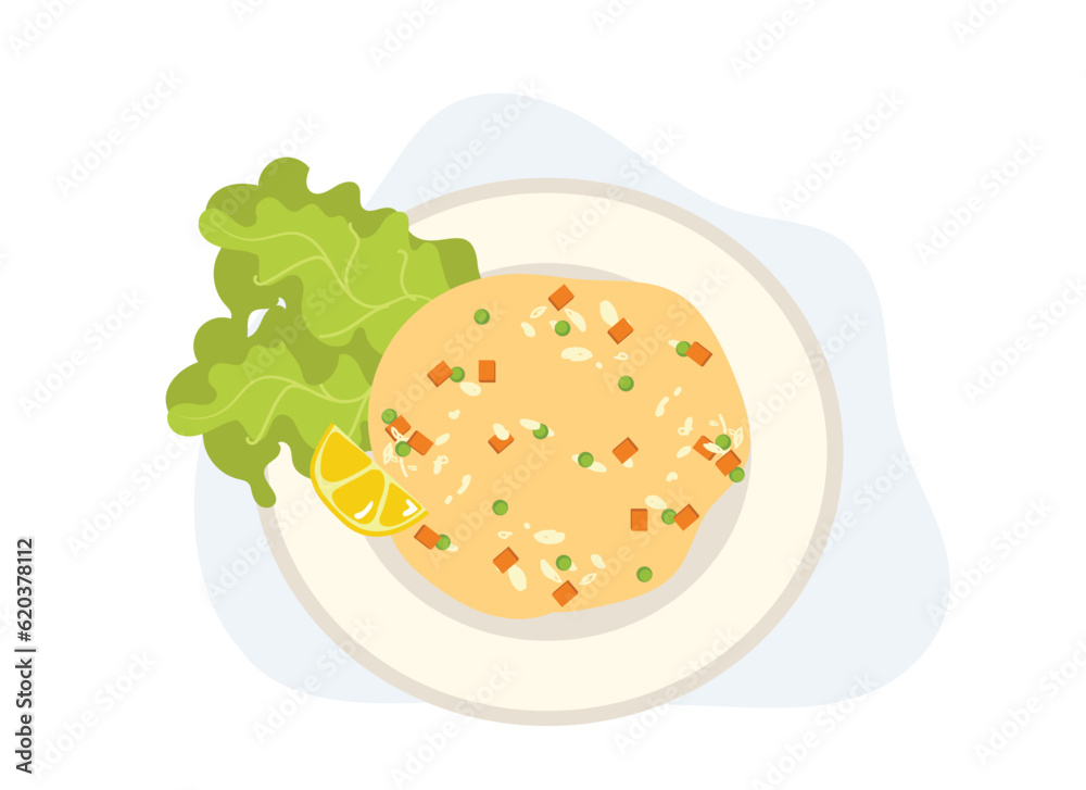 fried rice with egg. Chinese Food. top view. Flat vector cartoon ...