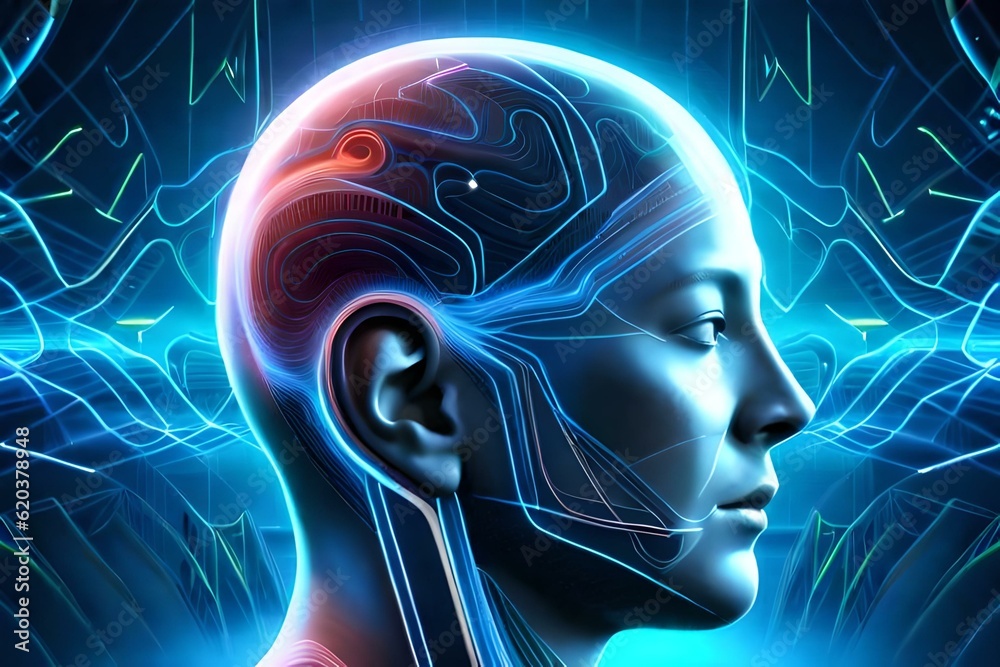 Futuristic blue digital brain in cyberspace. Neurons firing in MRI scan ...