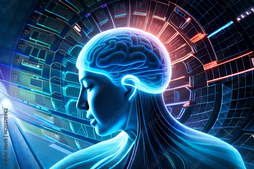 Futuristic blue digital brain in cyberspace. Neurons firing in MRI scan ...