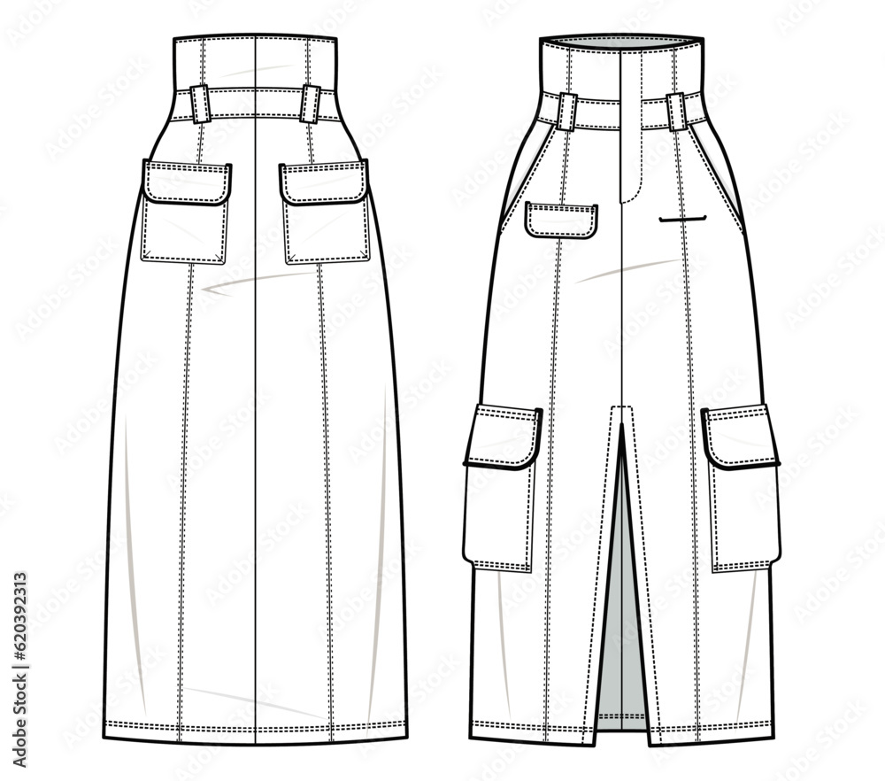 High-waist cargo skirt fashion flat technical drawing template ...