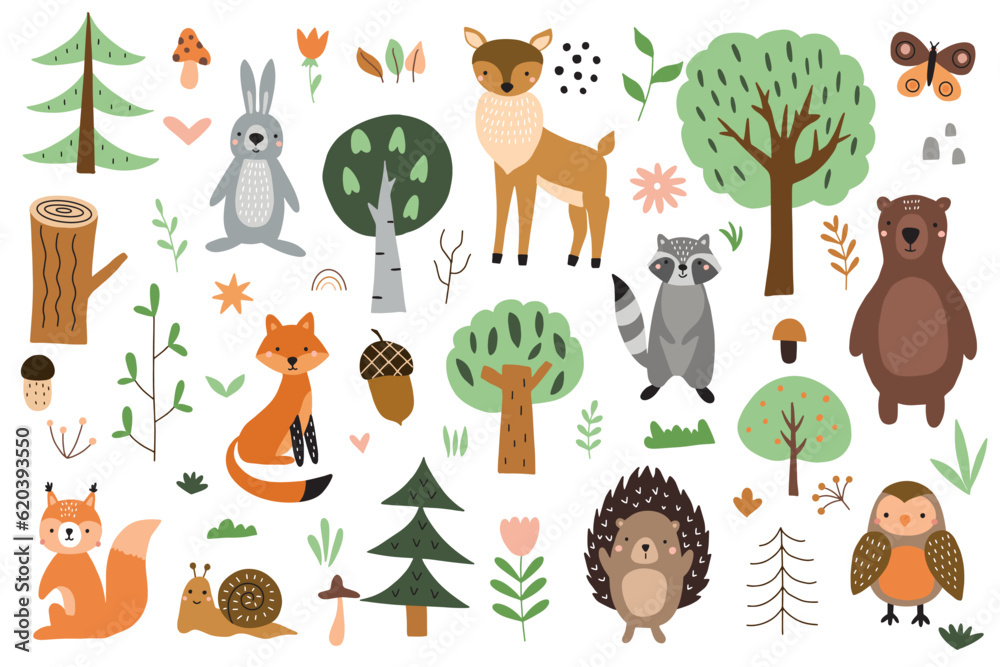Set of cute forest animals with elements of nature on a white ...