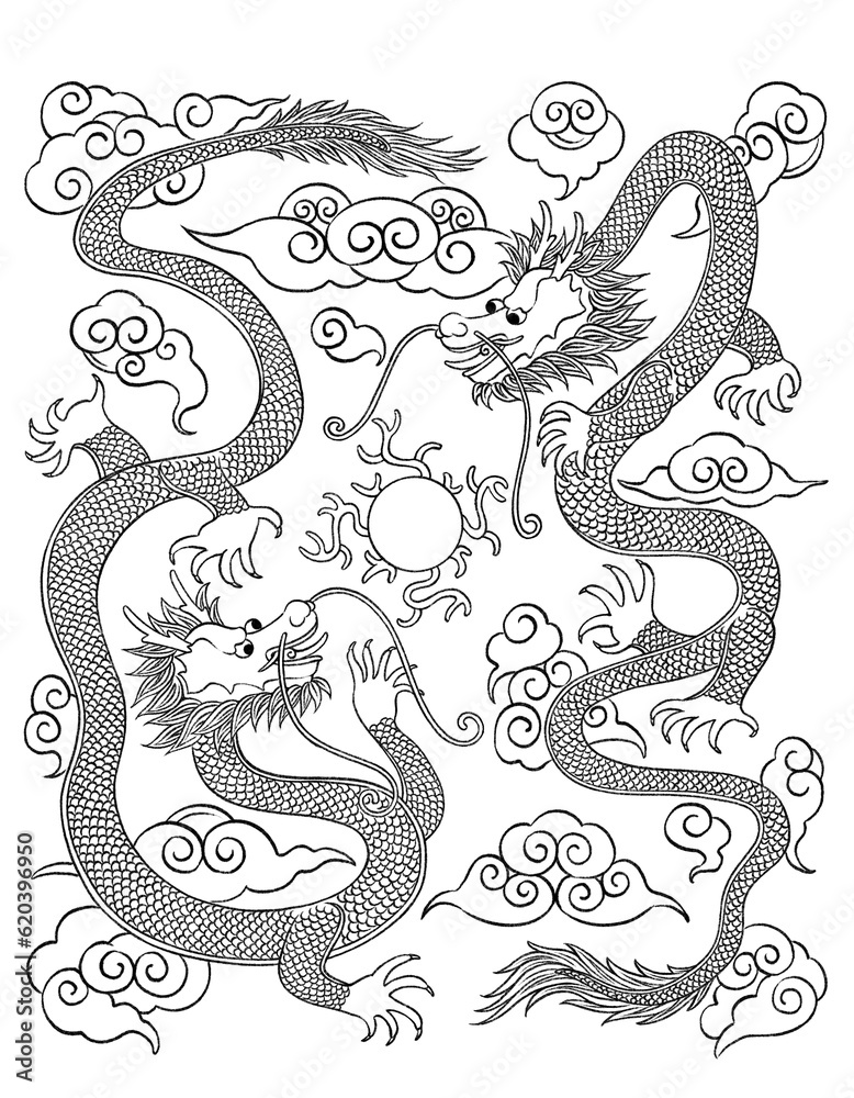 Chinese dragon pattern design. Two dragons play with a ball. Chinese ...