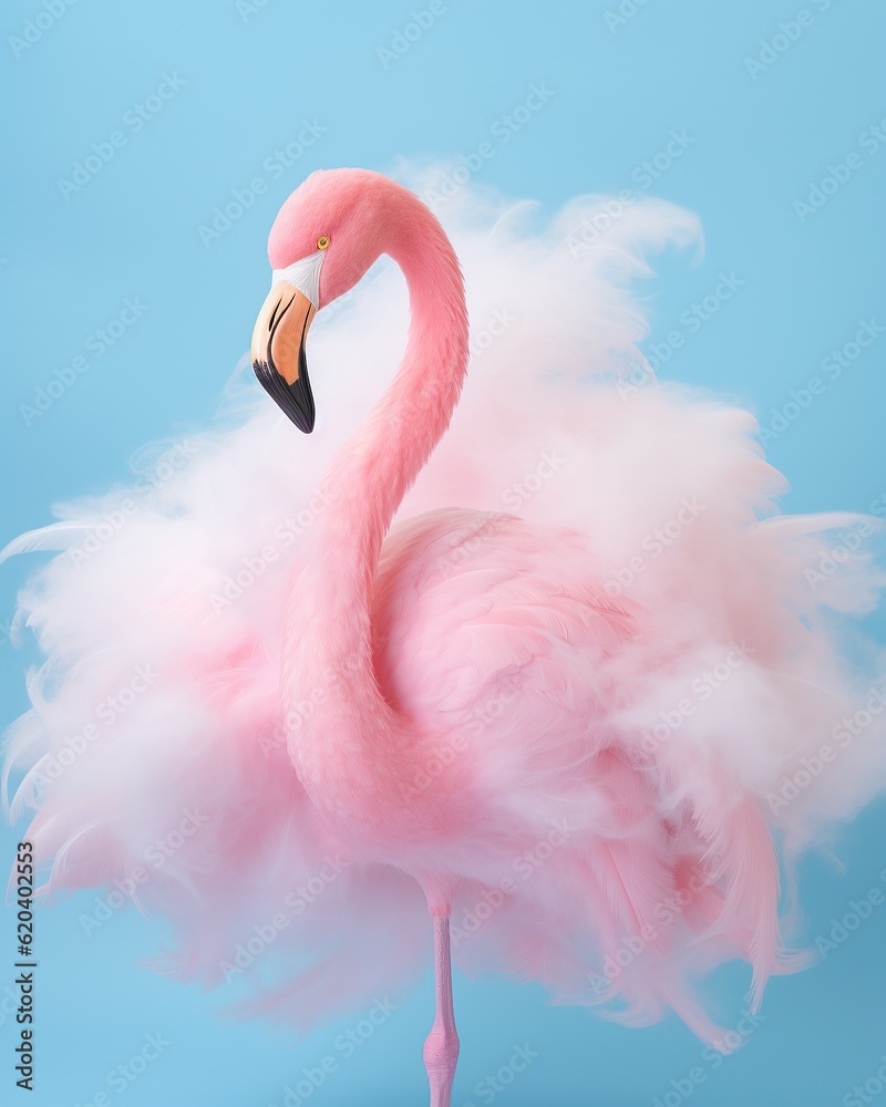 A majestic pink flamingo with its lush, feathery wings outstretched ...
