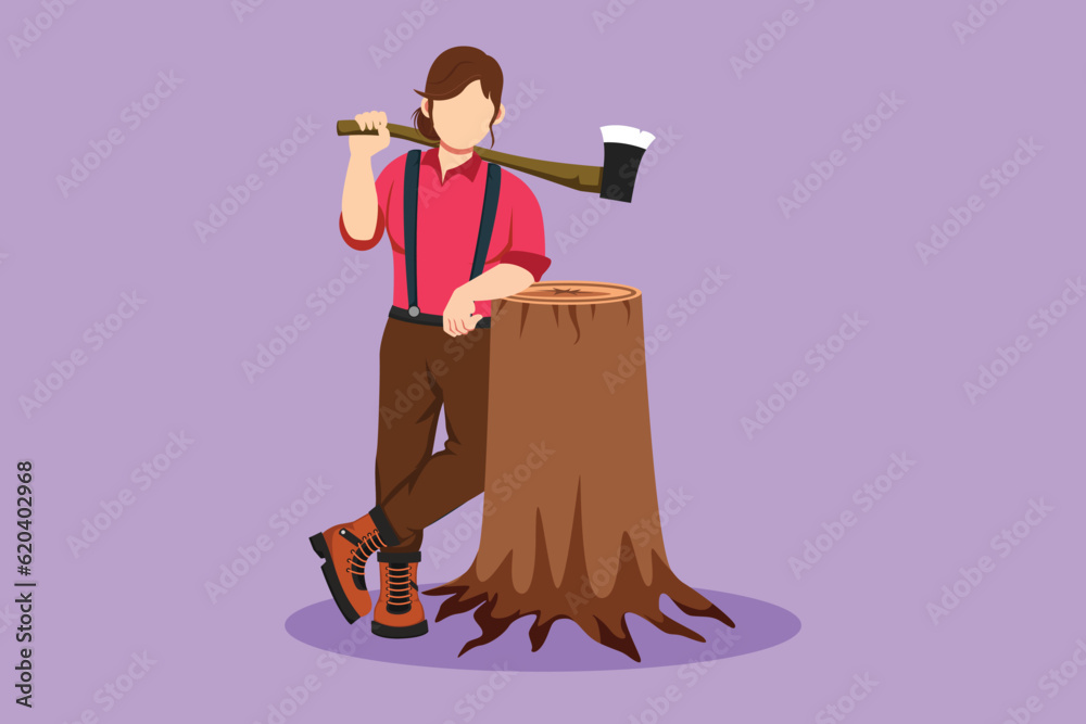 Cartoon flat style drawing woman lumberjack lean on wood log. Wearing ...