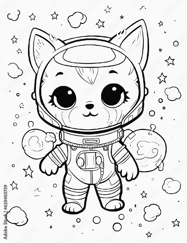 Cute space cats coloring page for kids, Alien cat pirate in a spaceship ...