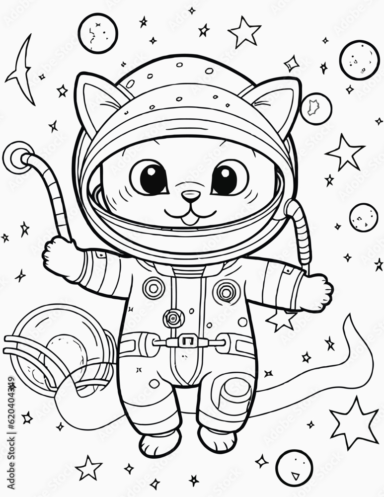 Vettoriale Stock Cute space cats coloring page for kids, Alien cat ...
