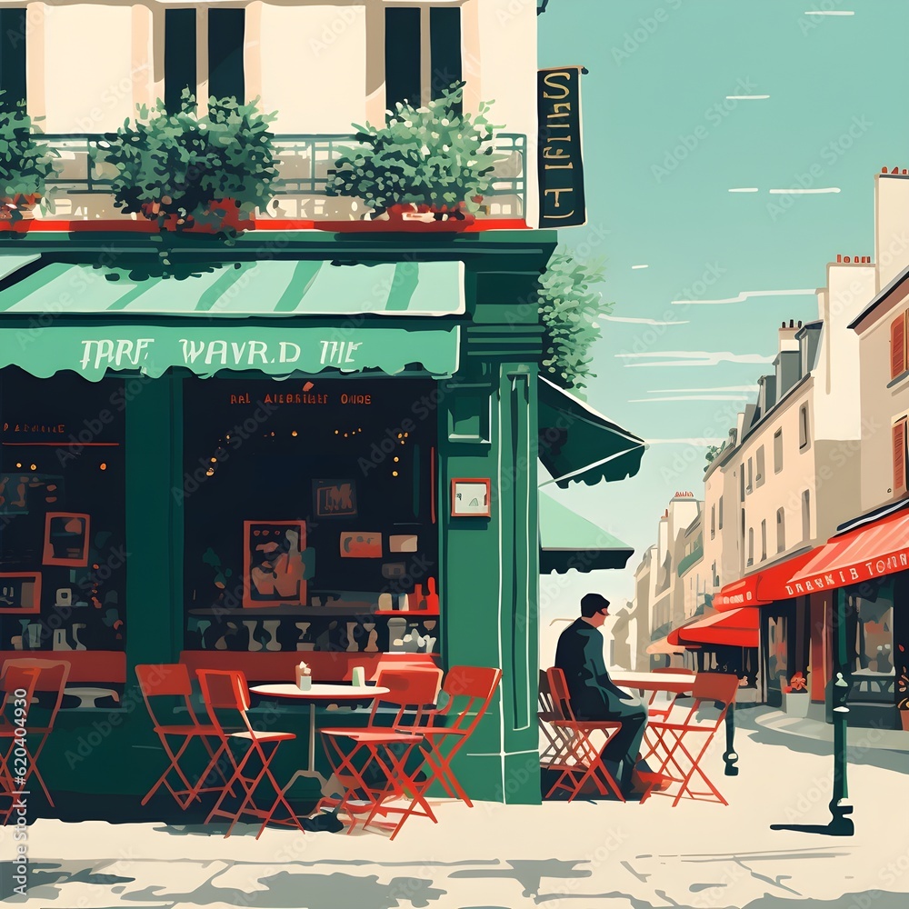 **Travel poster style painted illustrated french street french cafe ...