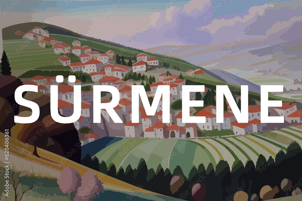 Beautiful watercolor painting of a Turkish scene with the name Sürmene ...
