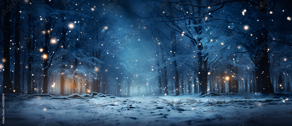 snow falling at night in a snowy dark forest with lights and stars ...