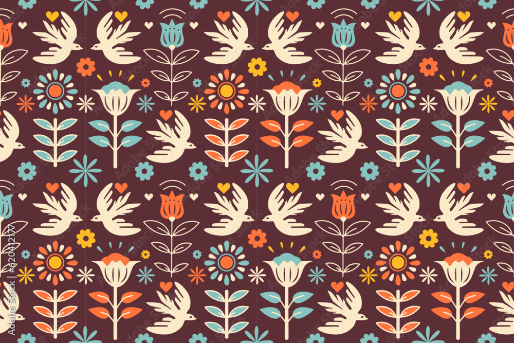 Nordic folk seamless wallpaper with stylized birds and plants. Retro ...