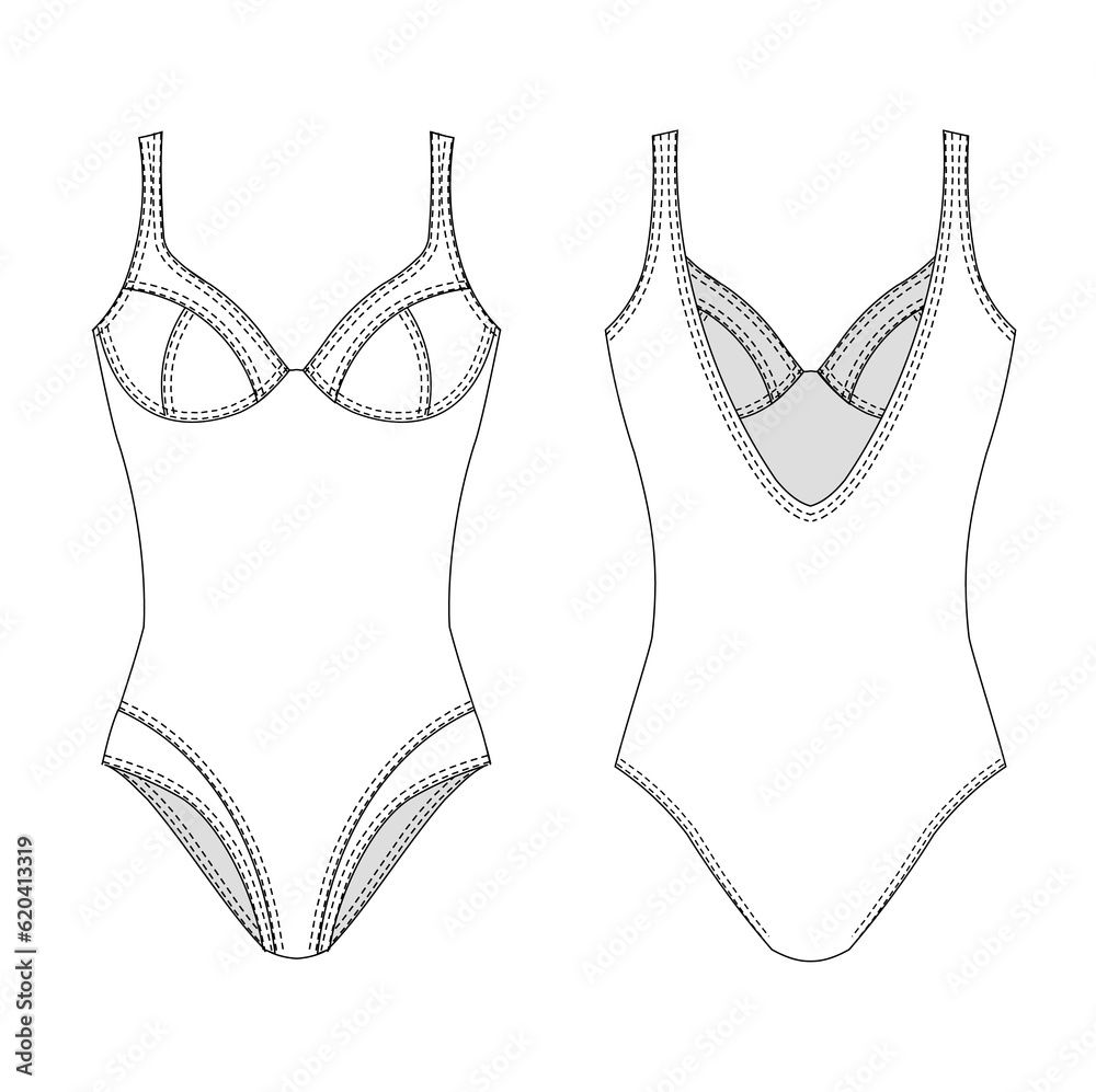 Hand drawn woman bikini, technical vector drawing, template, sketch ...