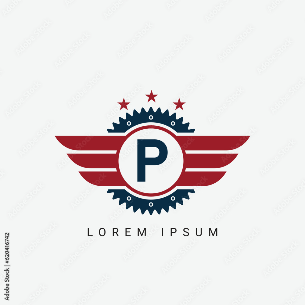 Alphabet letter P logo mechanical circle shape concept with wings ...