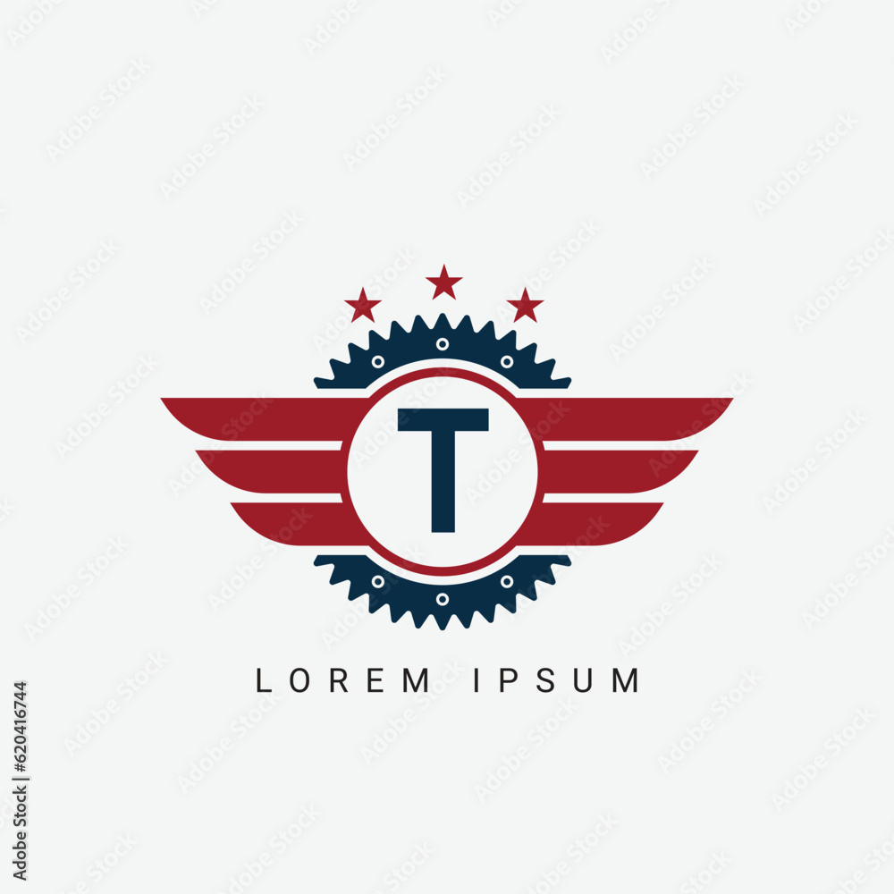 Alphabet letter T logo mechanical circle shape concept with wings ...