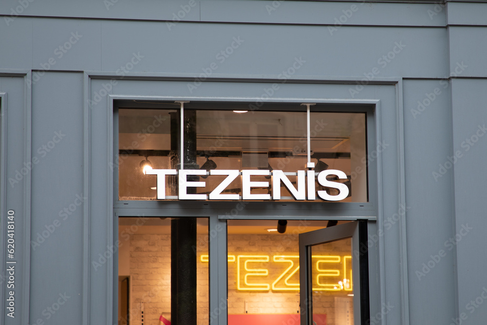 Tezenis store logo text and chain sign facade of Italian women girls ...