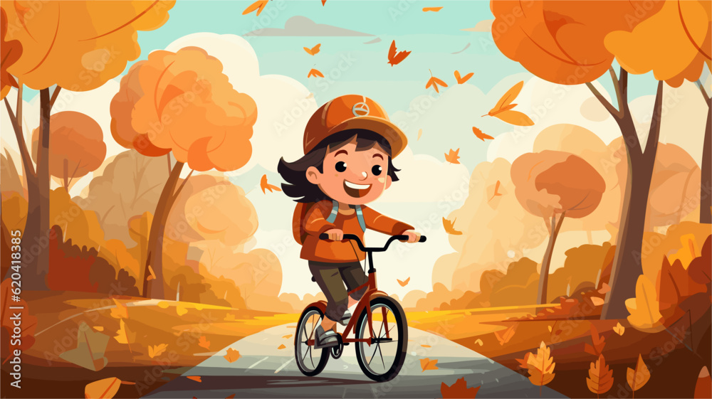 Cycling in autumn scene Free Vector. Children ride with cycles. Hello ...