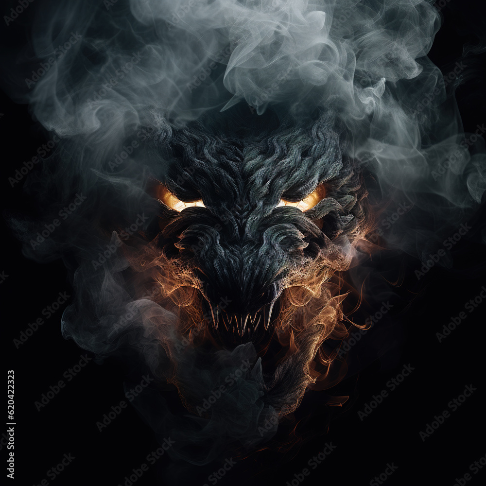 Image of an angry dragon face with fire smoke on black background ...