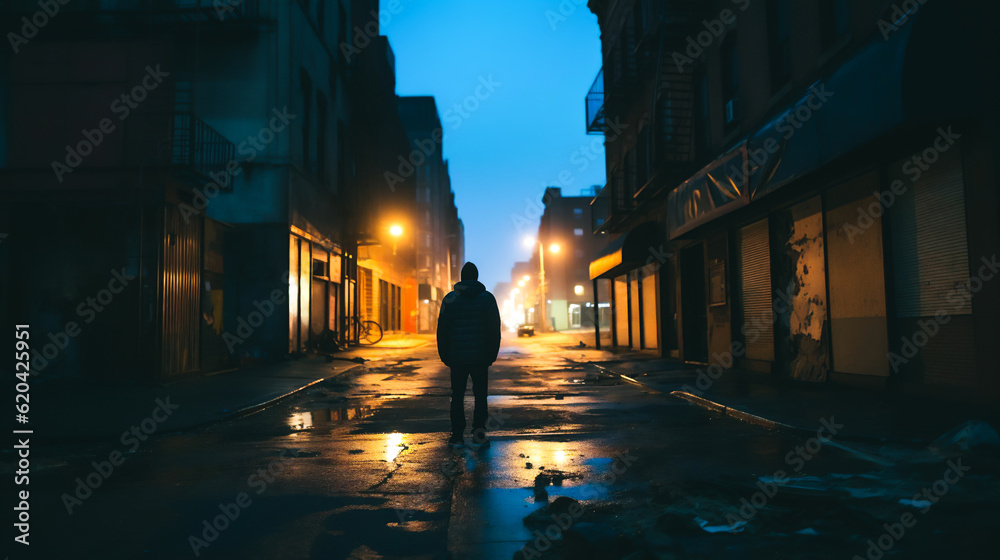 dimly lit, desolate street with empty, dilapidated storefronts ...