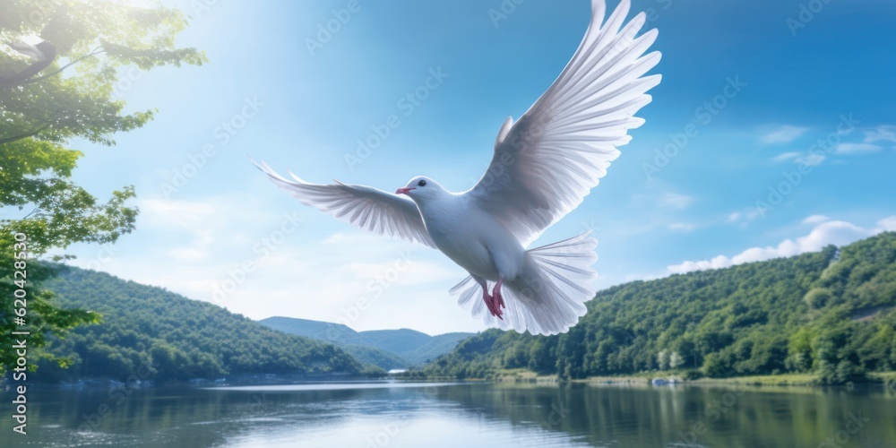 International Peace Day, White Dove Flying on Blue Sky Background, Bird ...