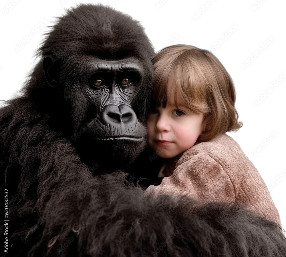 Young child is hugging a gorilla isolated on white background as ...