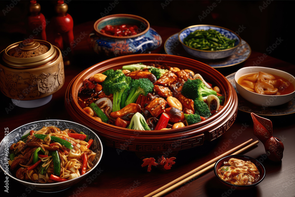 Assorted Chinese food set. Chinese noodles, fried rice, dumplings ...