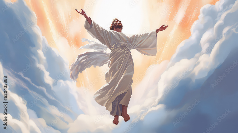 illustration painting of The resurrected Jesus Christ ascending to ...