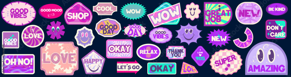 Y2k sticker retro trendy set. 90s design sticker groovy aesthetic ...